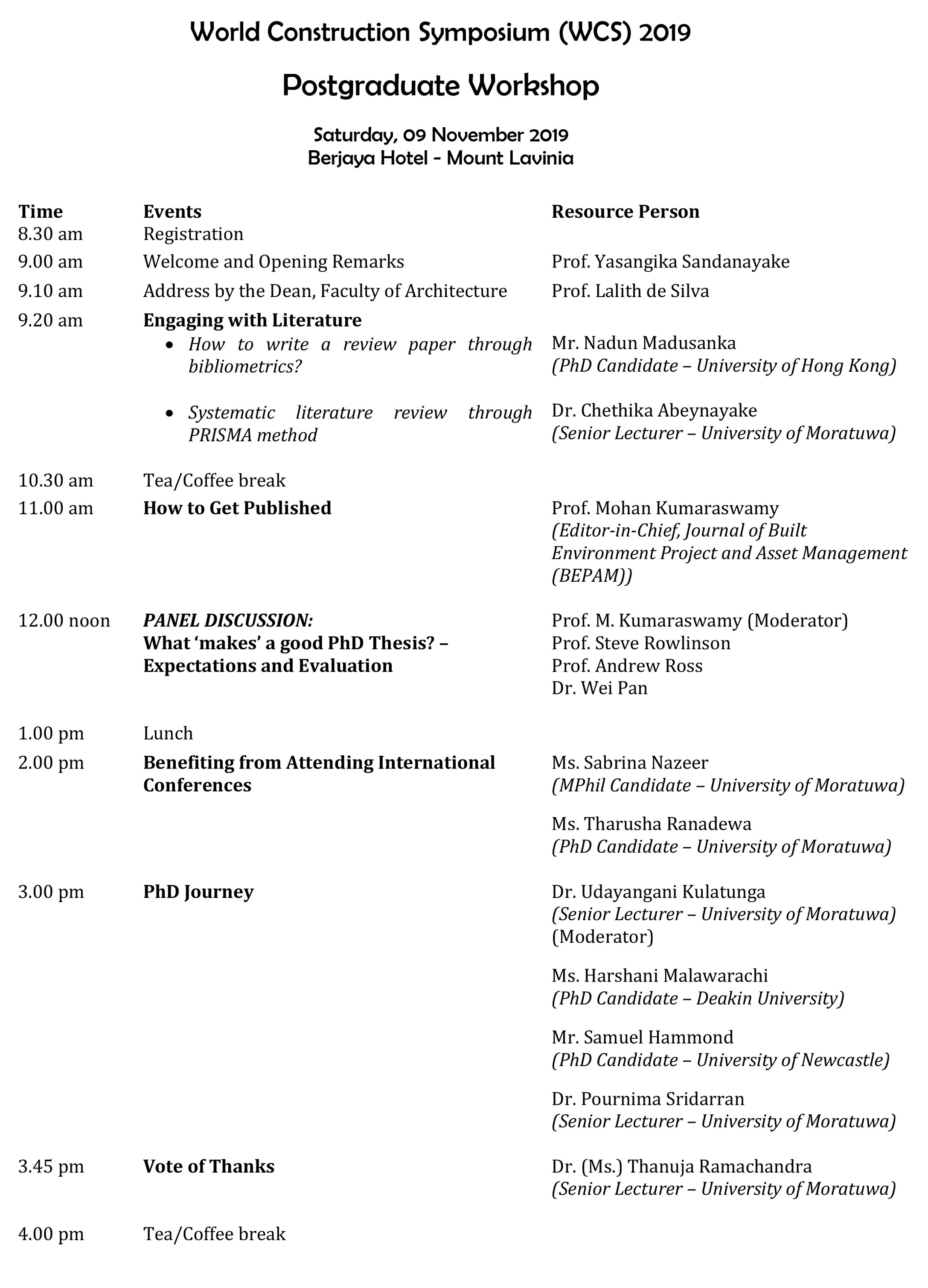 Postgraduate Workshop Agenda | CIOB WCS 2025 | 13th World Construction ...